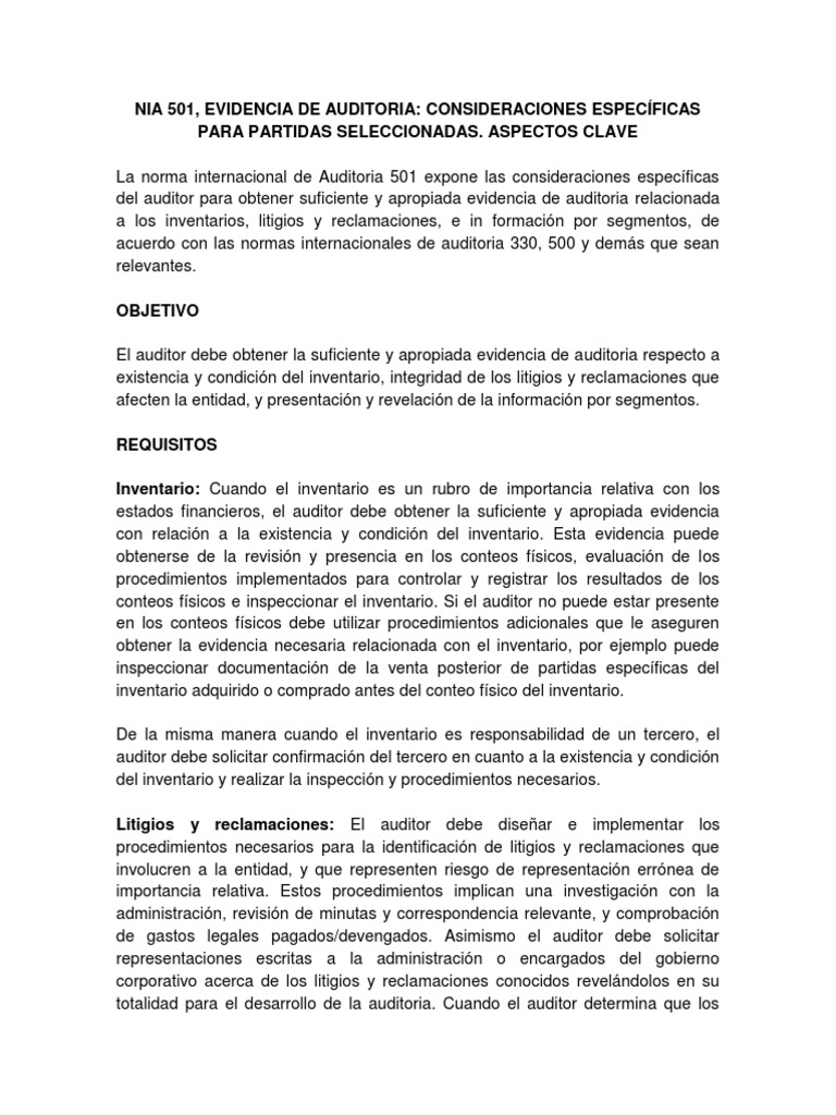 NIA 501: Evidencia de Auditoría Clave | PDF | Contralor | Business