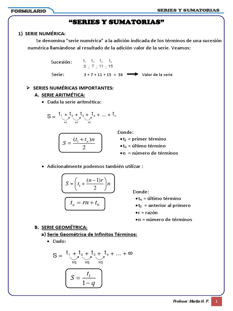 Formulario de Series y Sumatorias | PDF | Enseñanza de matemática | Análisis matemático
