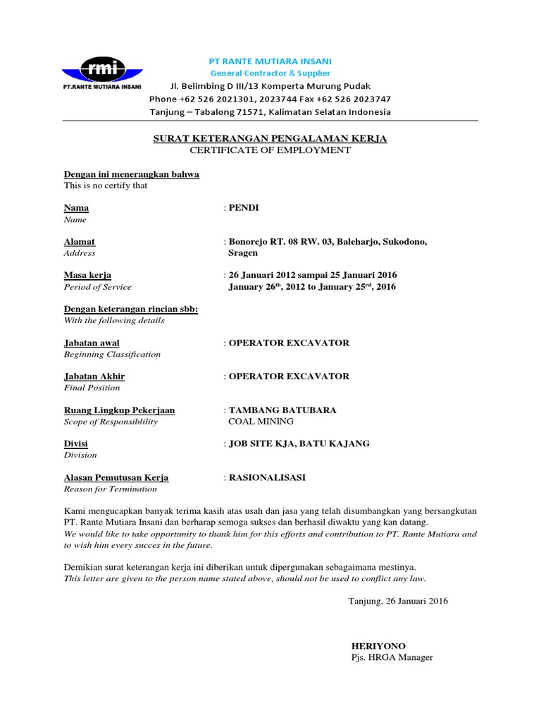 Surat Keterangan Pengalaman Kerja Pendi | PDF