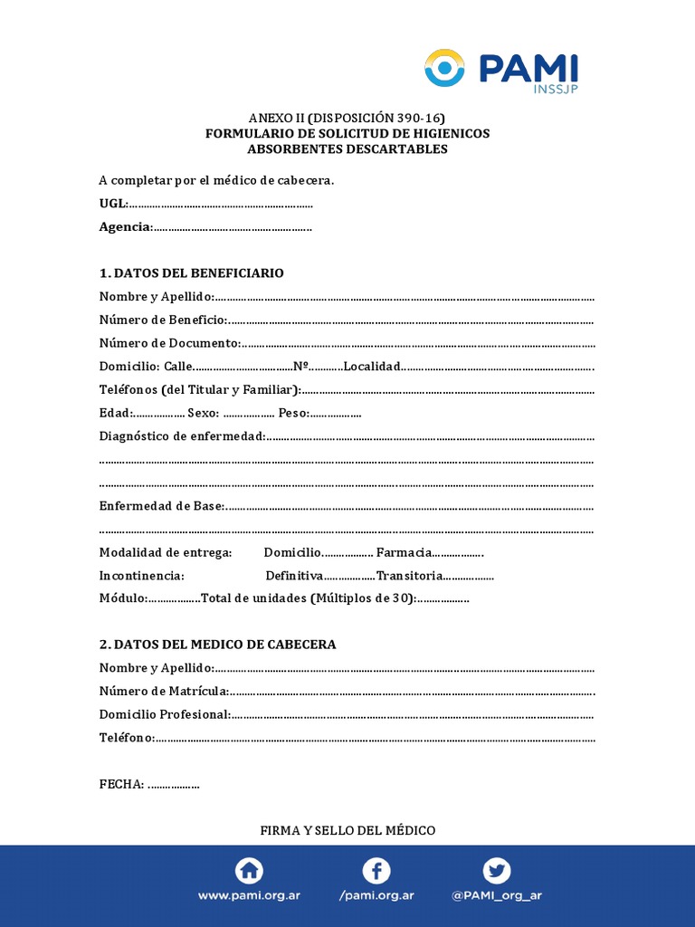 PAMI - Formulario Higiénicos | PDF | Medicina | Ciencias de la Salud