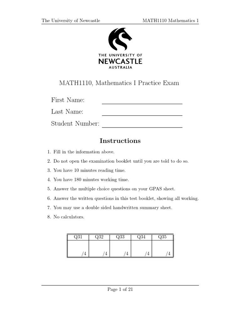 MATH1110, Mathematics I Practice Exam First Name: Last Name: Student ...