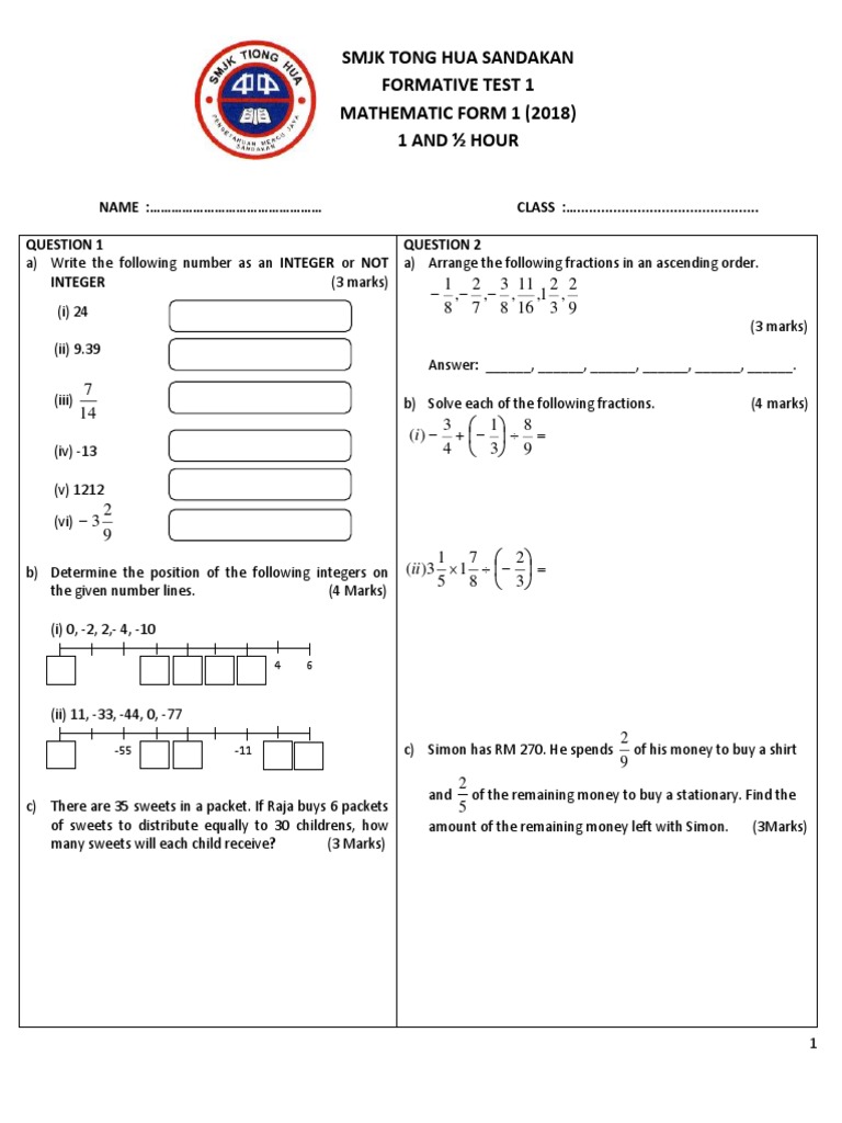 SMJK Tong Hua Sandakan Formative Test 1 Mathematic Form 1 (2018) 1 and ...