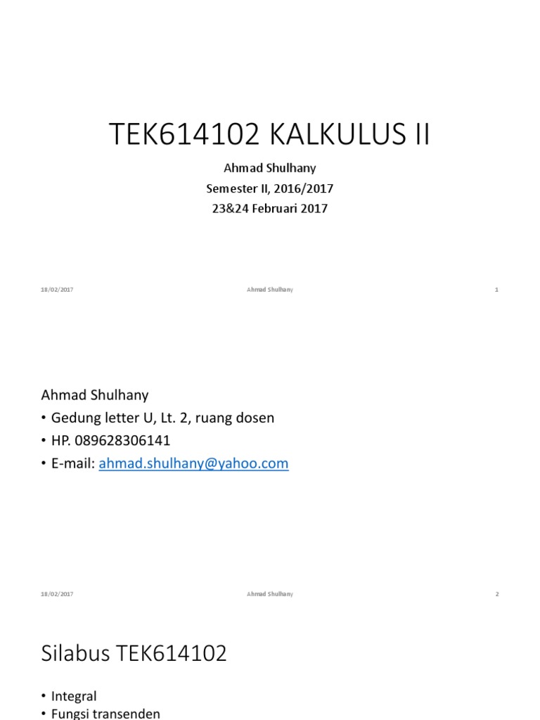 TEK614102 KALKULUS II Kimia-Elektro 1 Mahasiswa | PDF