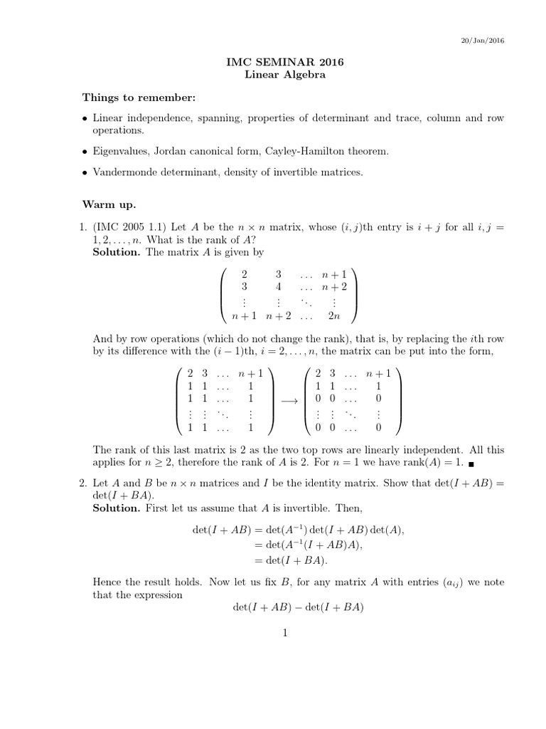 An Introduction to Key Concepts in Linear Algebra including Linear ...