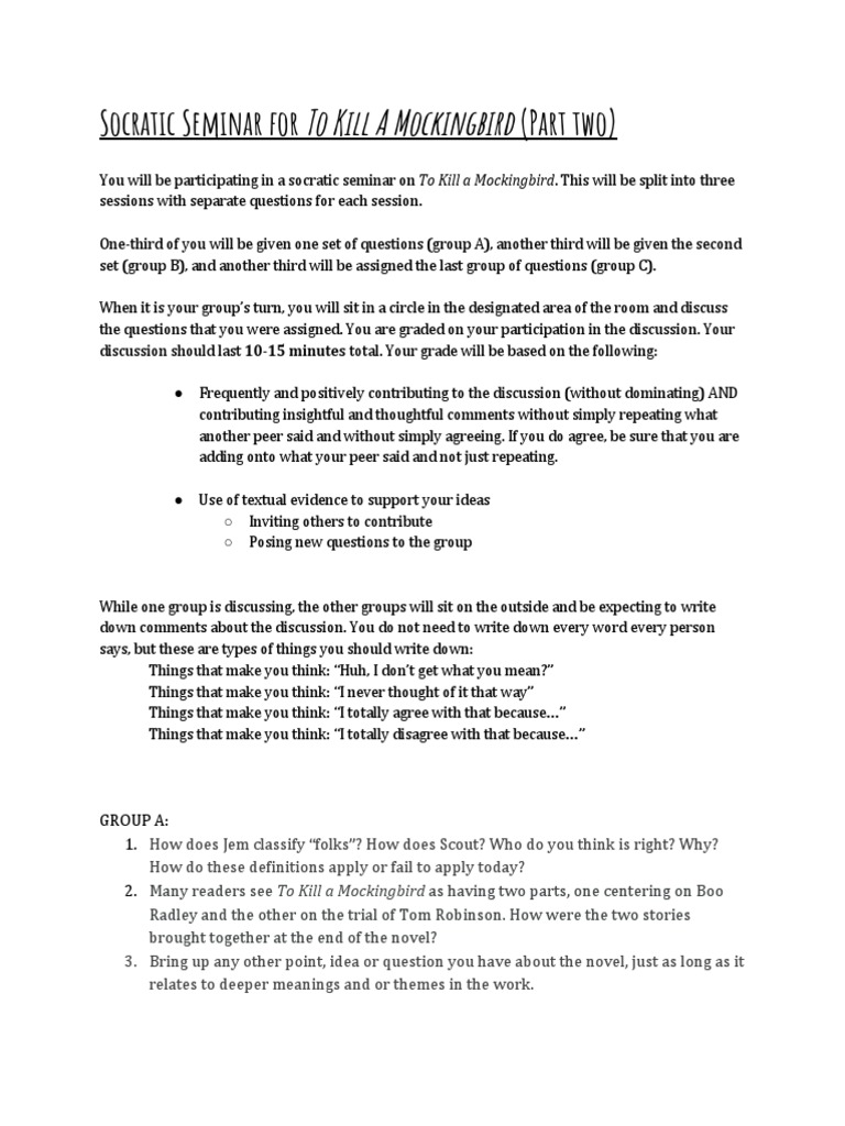 Socratic Seminar For To Kill A Mockingbird Part Two | PDF | To Kill A ...