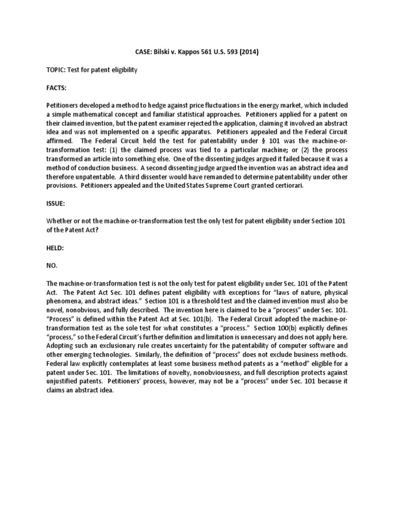 IPL - Patent - Bilski V Kappos | PDF | Patent | Civil Law (Common Law)