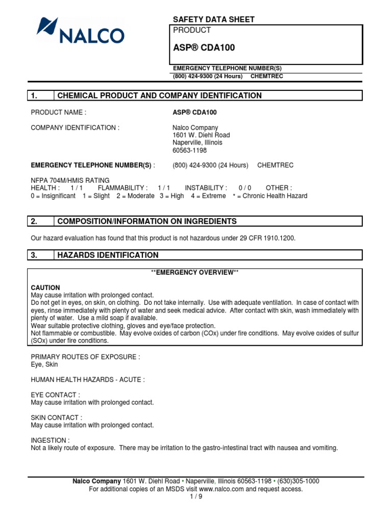 ASP® CDA100: Safety Data Sheet | PDF | Dangerous Goods | Superfund