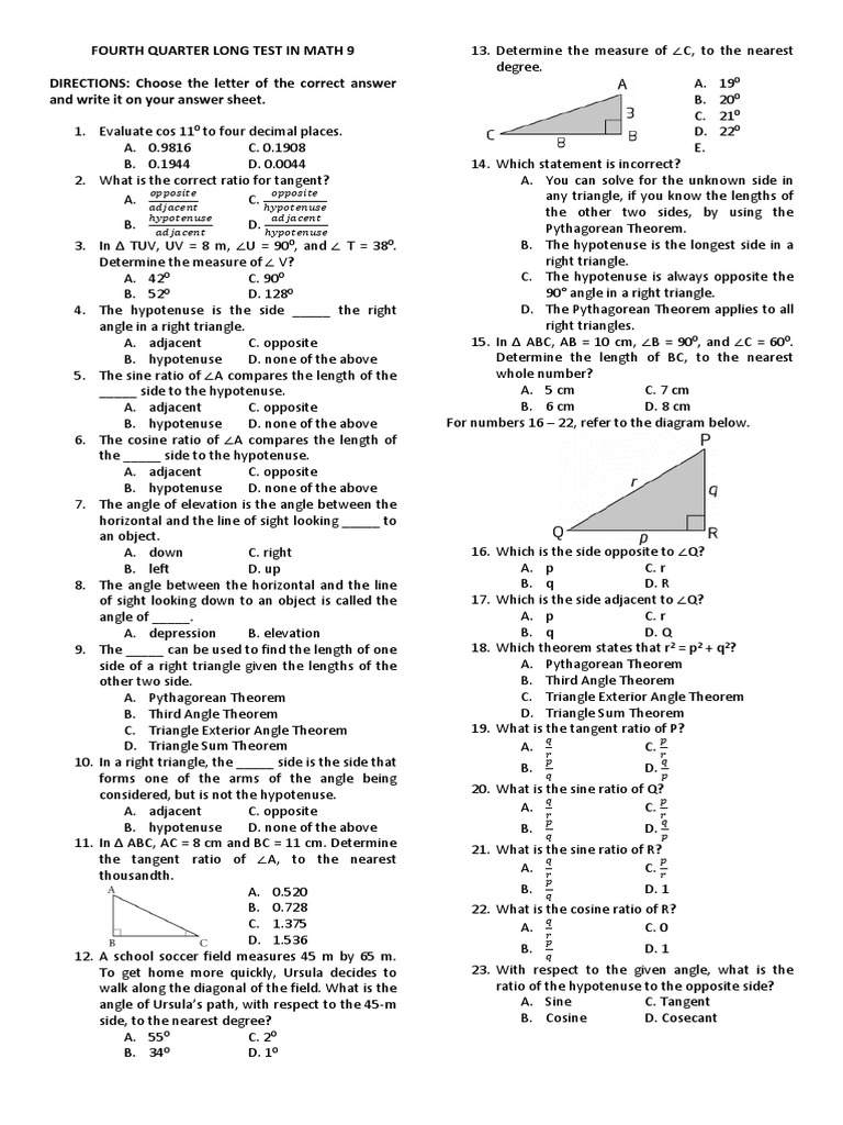 Fourth Quarter Long Test in Math 9 DIRECTIONS: Choose The Letter of The ...