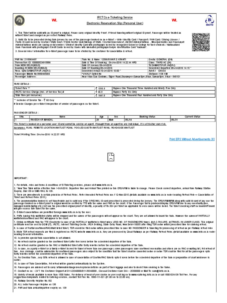 WL WL: Irctcs E Ticketing Service Electronic Reservation Slip (Personal ...