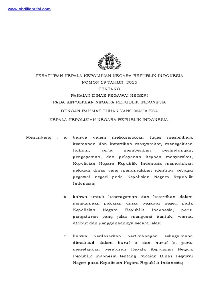 PERKAP NO 19 Tahun 2015 TTG SERAGAM DINAS PADA POLRI PDF | PDF