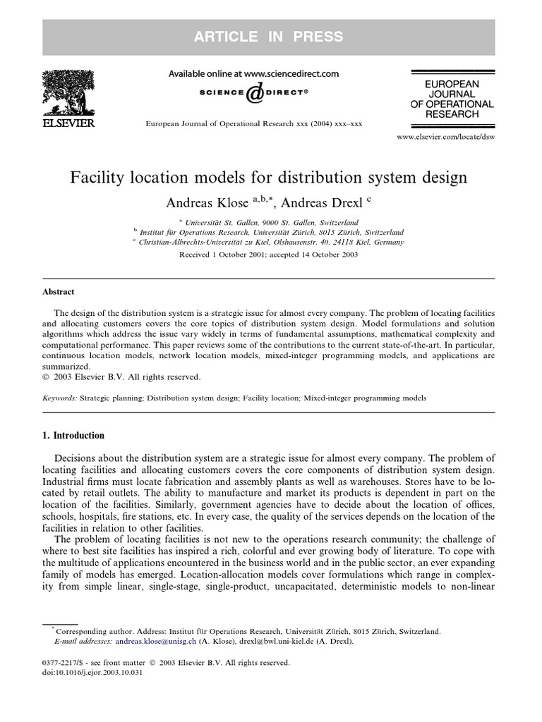 Facility Location Models For Distribution System Design: Article in Press | Download Free PDF ...