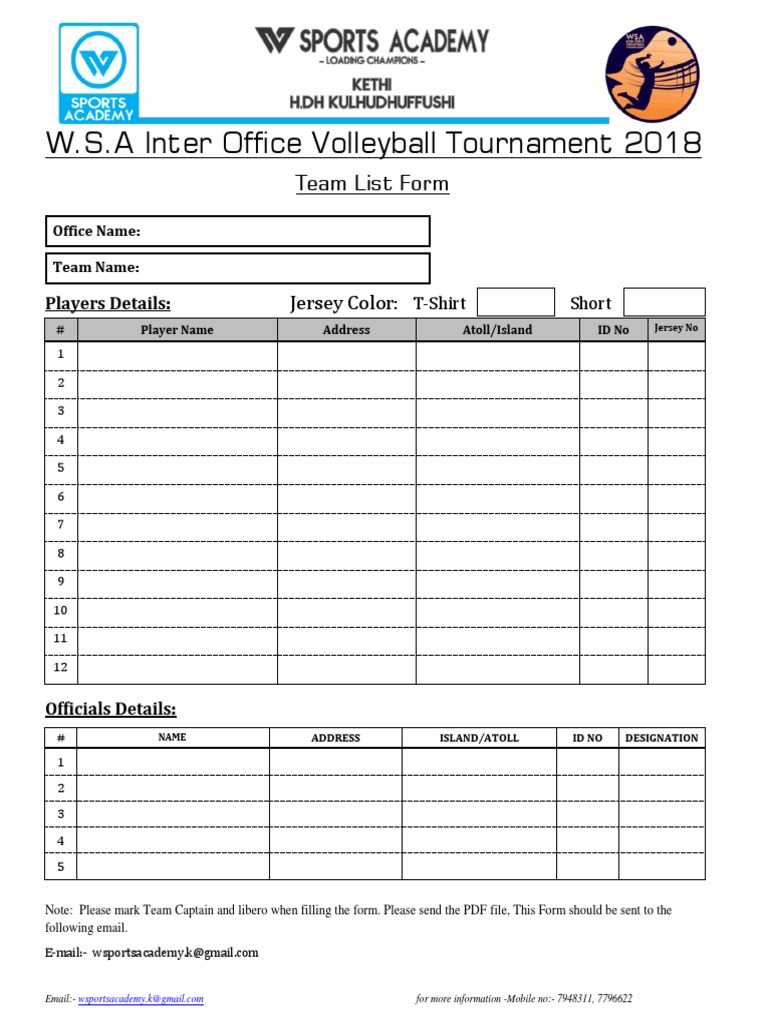 W.S.A. Inter Office Volleyball 2018 Team Form | PDF