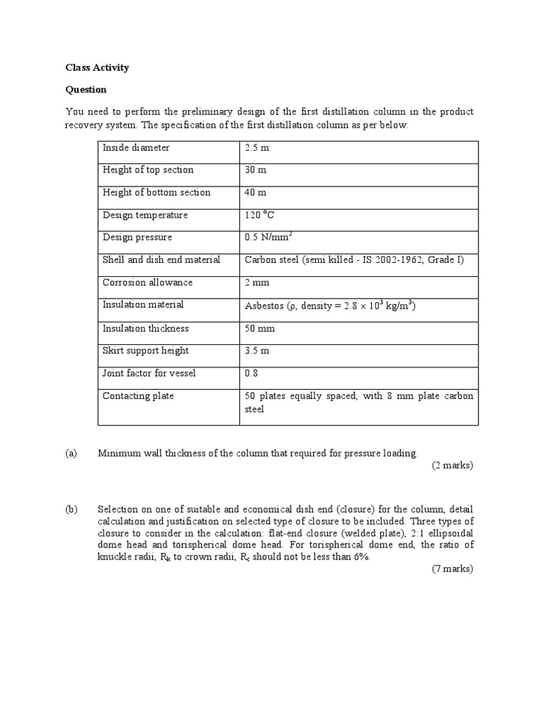 Distillation Column Design Specifications | PDF | Structural Steel | Column