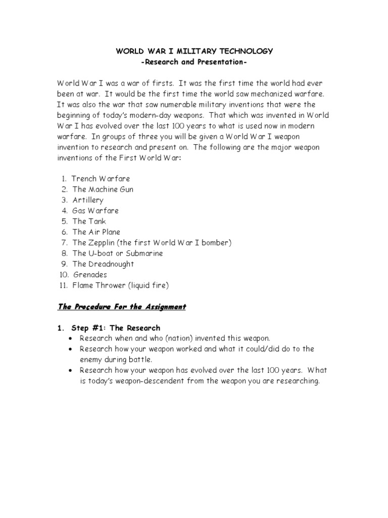 WWI Military Technology Project | PDF | World War I | Military Technology