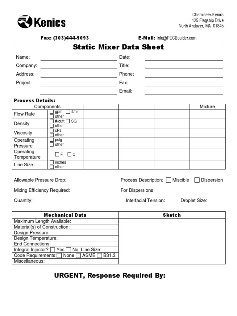 Static Mixer Data Sheet: URGENT, Response Required by | PDF