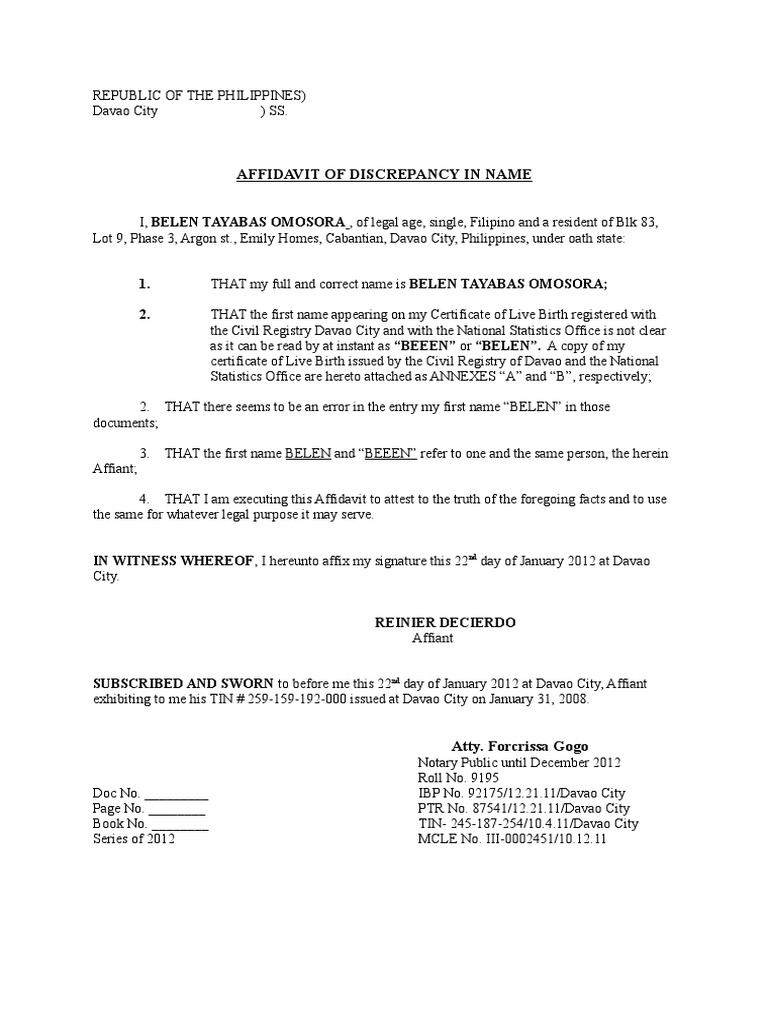 Affidavit of Discrepancy in Name Omosora | PDF