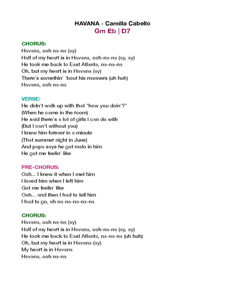 Camila Cabello - Havana (Lyric Chart) | PDF