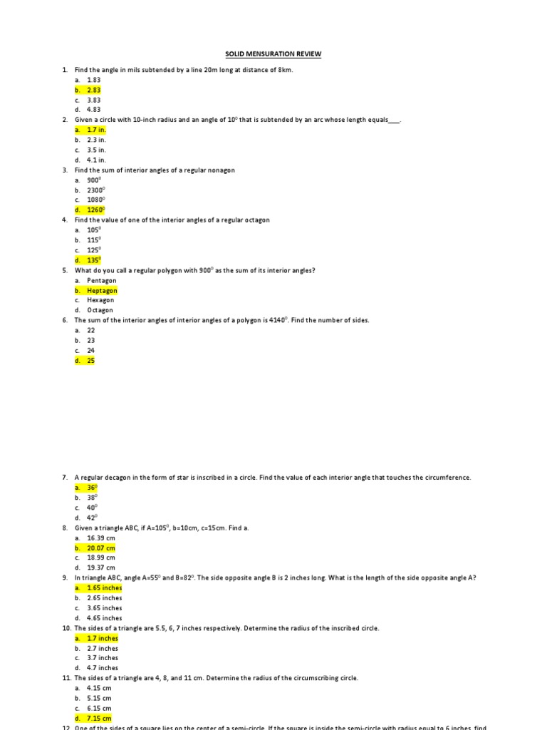 Solid Mensuration Review | PDF | Area | Circle
