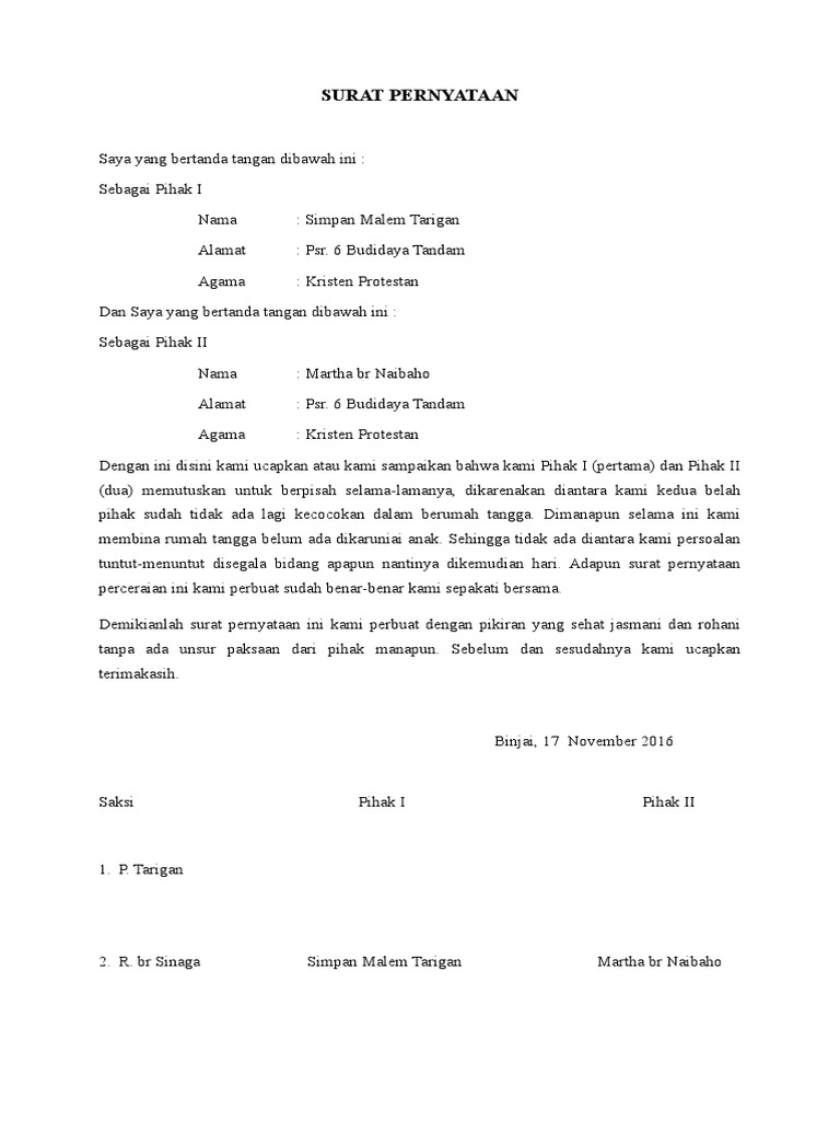 Surat Pernyataan Berpisah | PDF Surat Pernyataan Berpisah | PDF