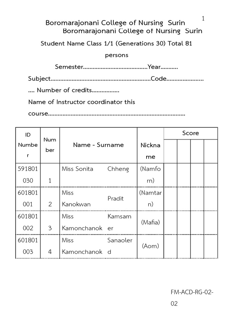 1st Year Class 1 Student List | PDF
