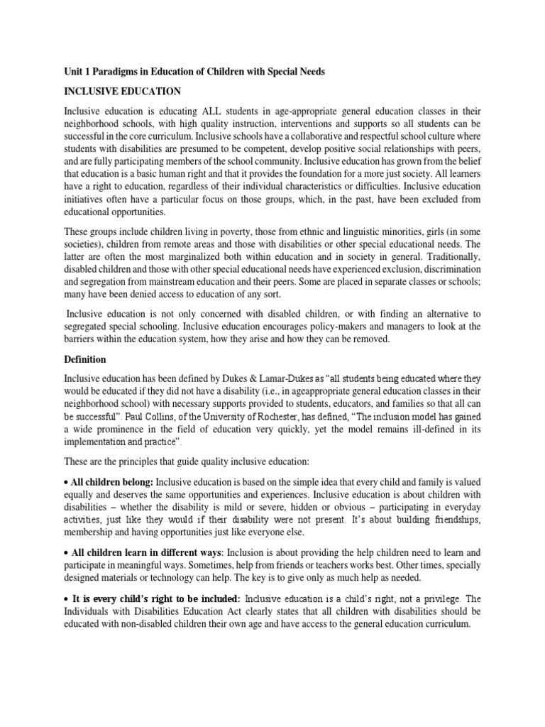Unit 1 Paradigms in Education of Children With Special Needs Inclusive ...