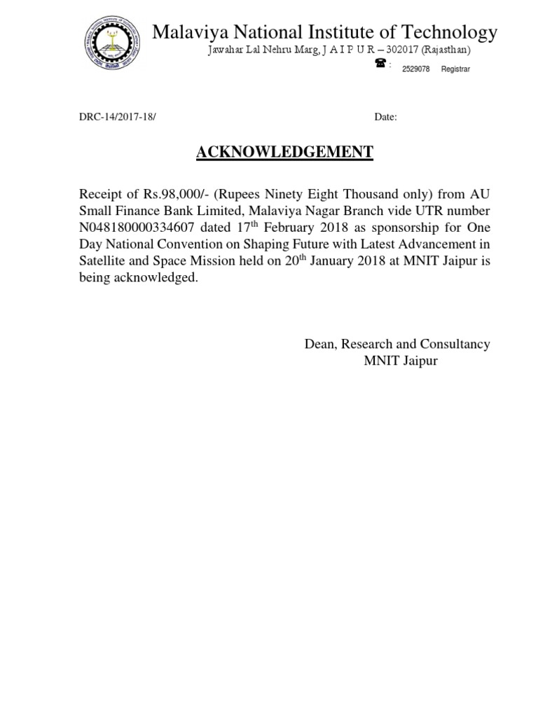 Malaviya National Institute of Technology: Acknowledgement | PDF