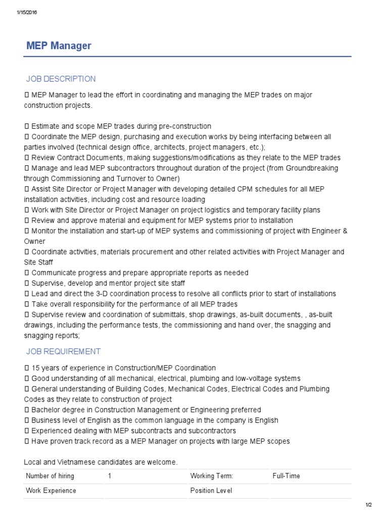 Job Description - MEP Manager | PDF | Construction Management | Science ...