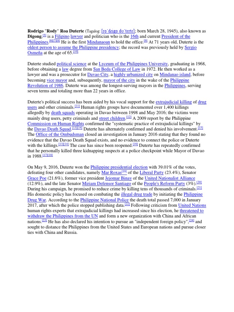 Rodrigo "Rody" Roa Duterte (Digong,: Tagalog | PDF | Rodrigo Duterte ...
