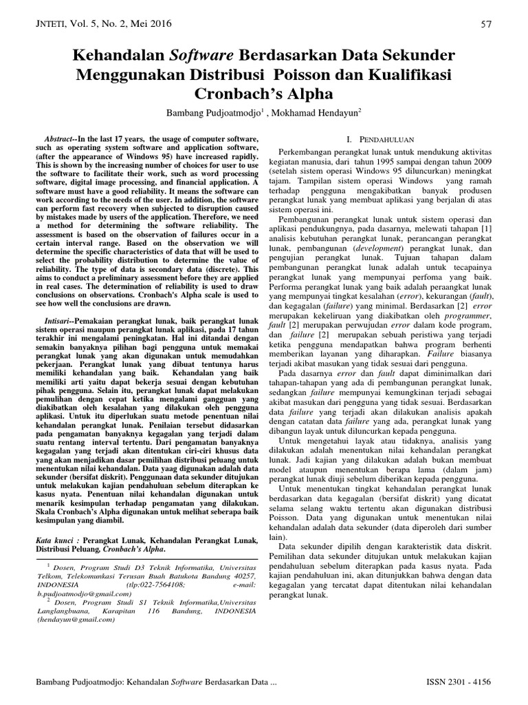 Kehandalan Software Berdasarkan Data Sekunder Menggunakan Distribusi Poisson Dan Kualifikasi ...