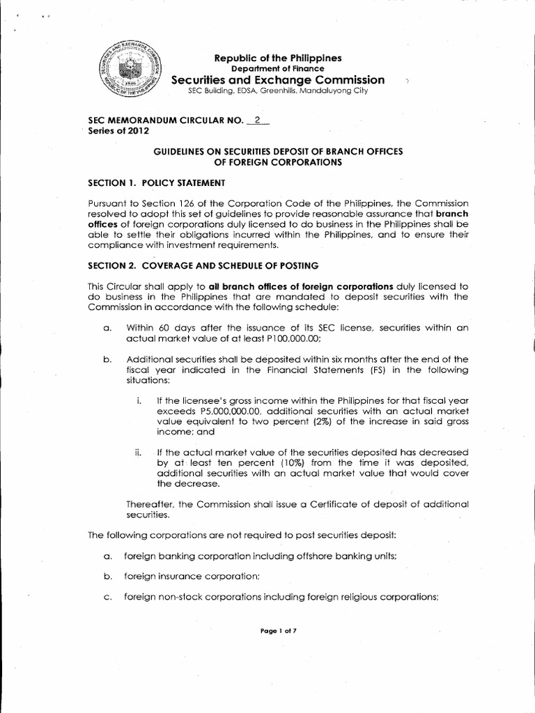 Sec Memo No. 2, s2012 - Guidelines On Securities Deposit of Branch ...