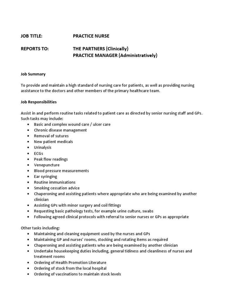 Practice Nurse Job Description | PDF | Confidentiality | Infection Control