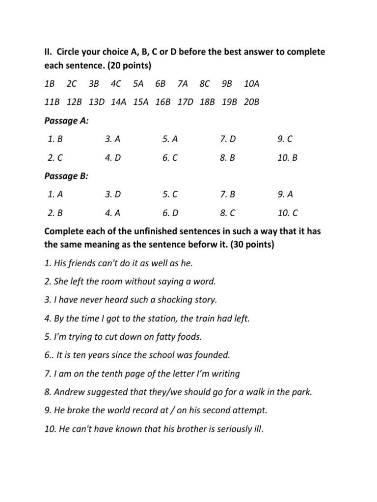 II. Circle Your Choice A, B, C or D Before The Best Answer To Complete ...