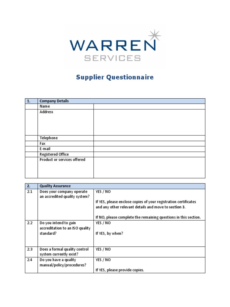 Supplier Assessment Questionnaire | PDF | Quality Assurance | Quality ...