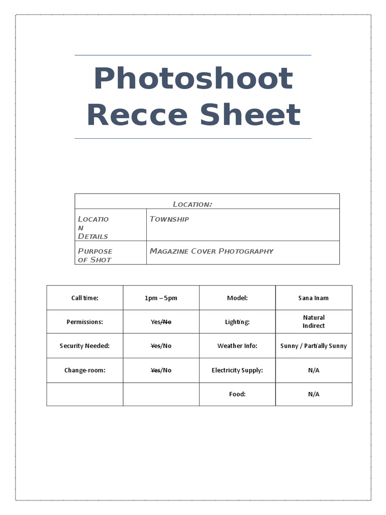 Photoshoot Recce Sheet | PDF