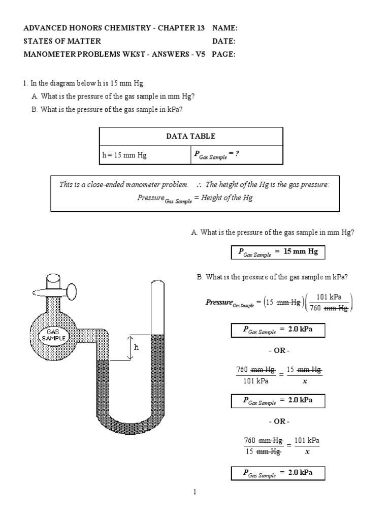 Manometer Problems Worksheet - Answers | PDF | Pressure Measurement ...