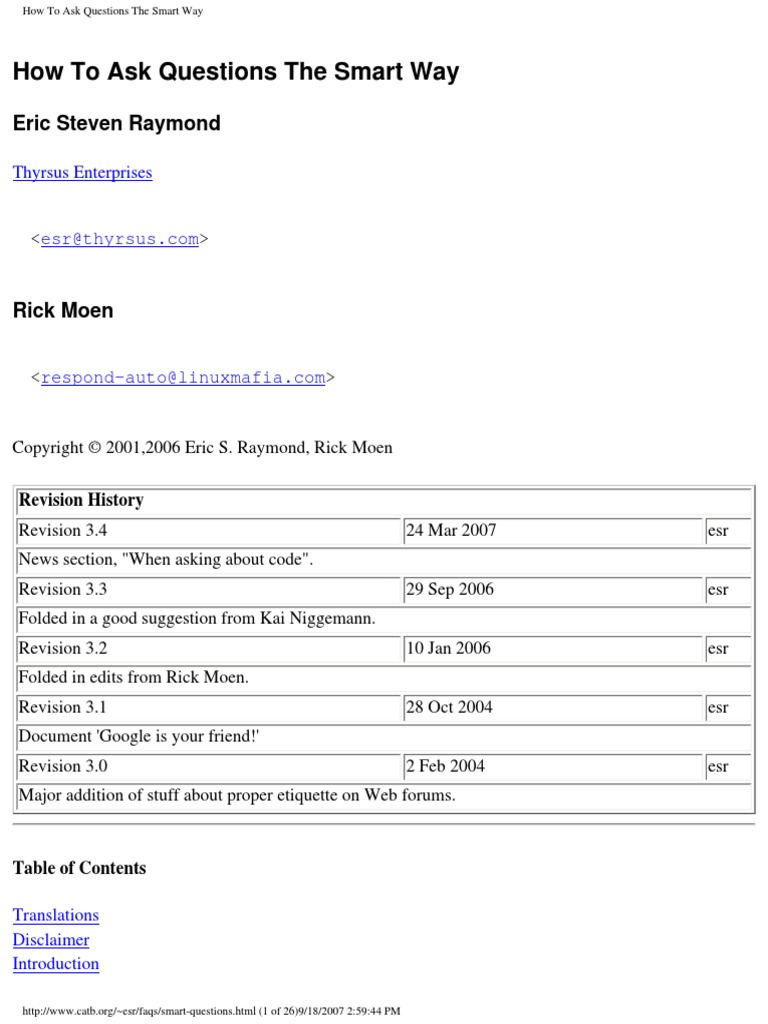 How To Ask Questions The Smart Way. Eric Steven Raymond | PDF ...