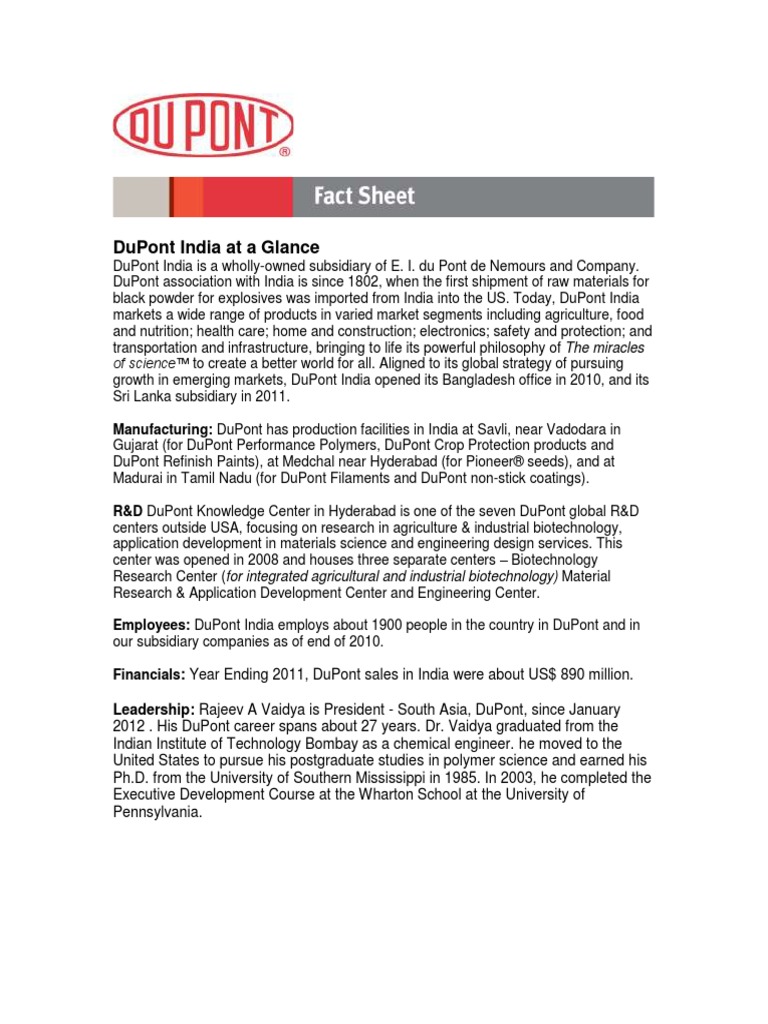 DuPont India at A Glance PDF | PDF