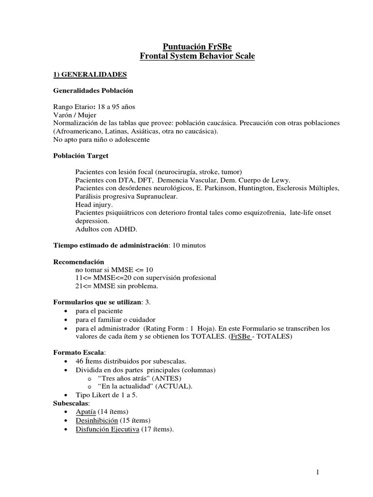 FrSBe Puntuación | PDF | Enfermedades y trastornos humanos | Sistema ...