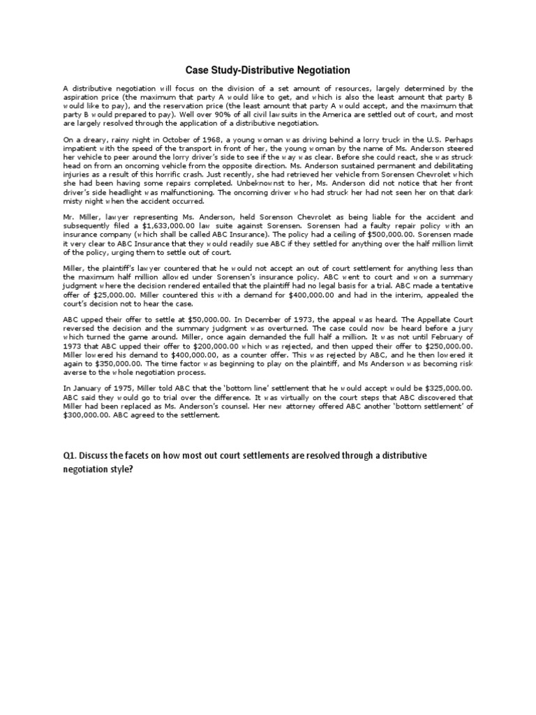 Case Study-Distributive Negotiation | PDF | Settlement (Litigation ...