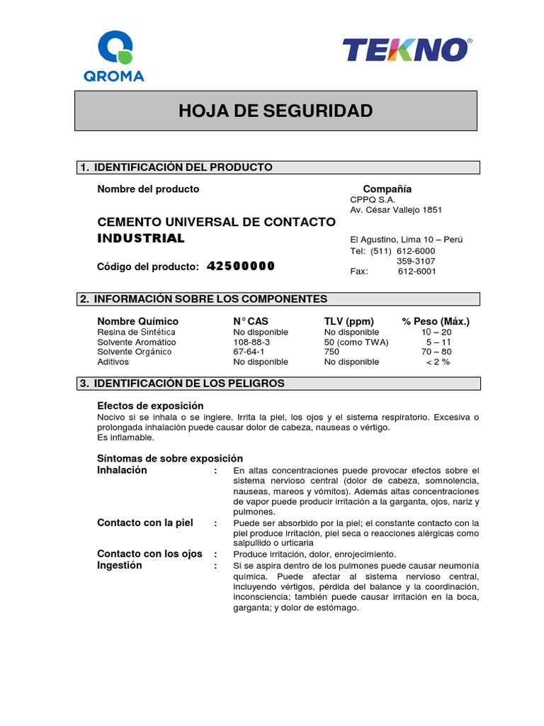 Msds Pegamento PVC Extra - Qroma 2016 Ago | PDF | Solvente | Agua