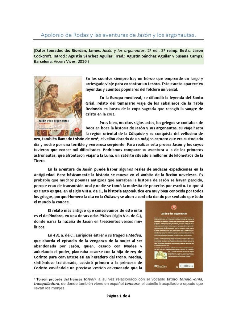 Apolonio de Rodas y Las Aventuras de Jasón y Los Argonautas | PDF ...