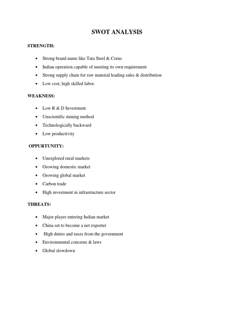 Tata Steel SWOT Analysis Overview | PDF