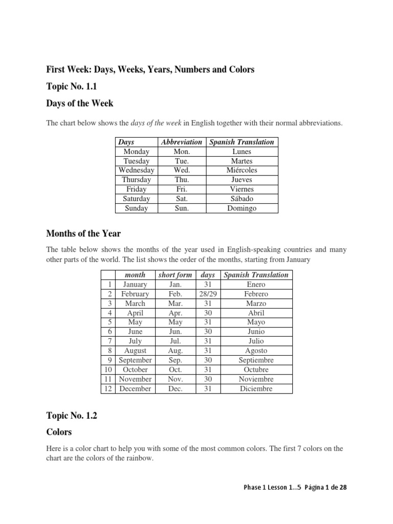 English Basics: Days, Colors, Numbers | PDF | Question | Morphology
