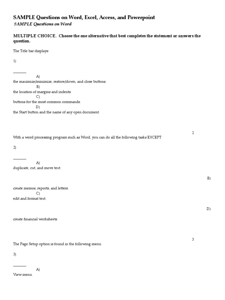 SAMPLE Questions On Word, Excel, Access, and Powerpoint | PDF ...