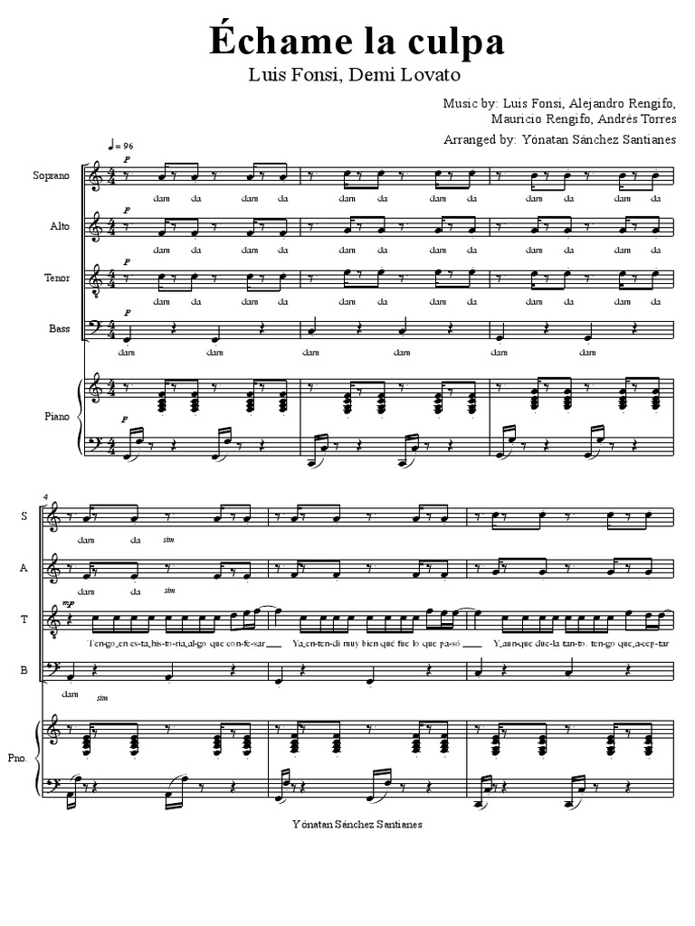 Echame La Culpa. Luis Fonsi. Coro SATB y Piano | PDF | Singles (Música ...