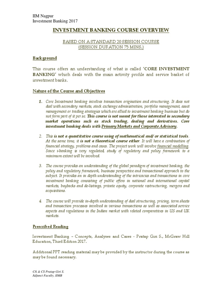 Investment Banking Course Outline | Investment Banking | Investing