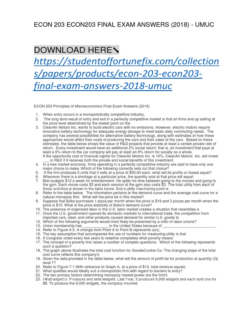 Econ 203 Econ203 Final Exam Answers (2018) - Umuc | PDF | Monopoly | Profit (Economics)