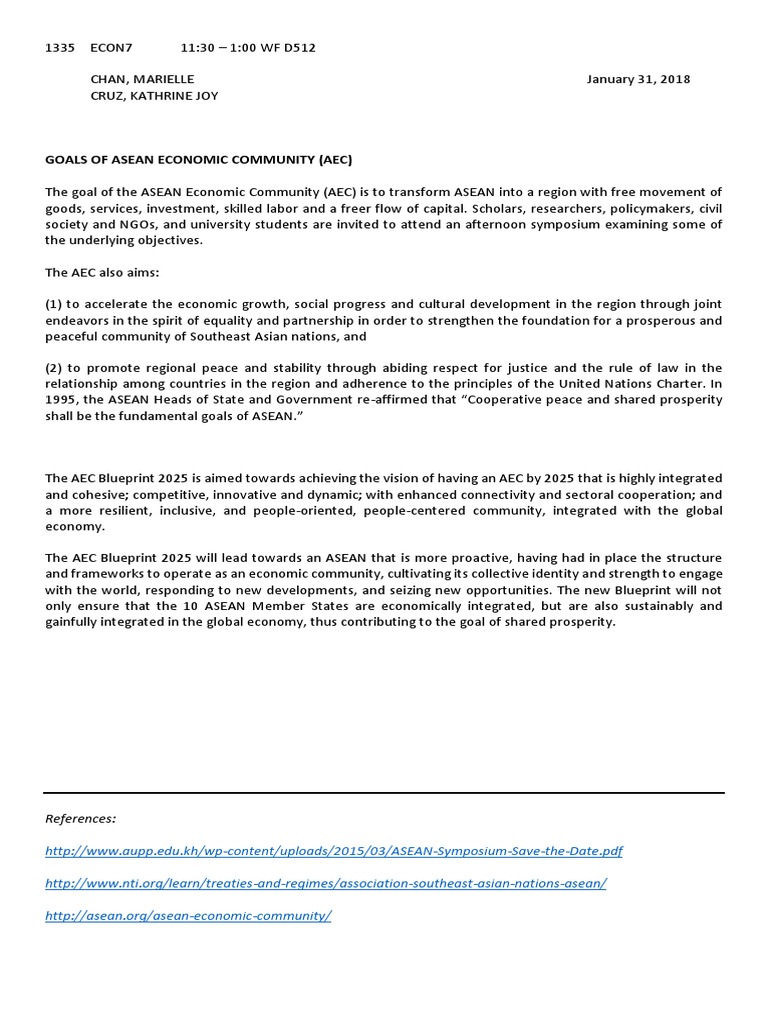 Goals of Asean Economic Community (Aec) : References | PDF ...
