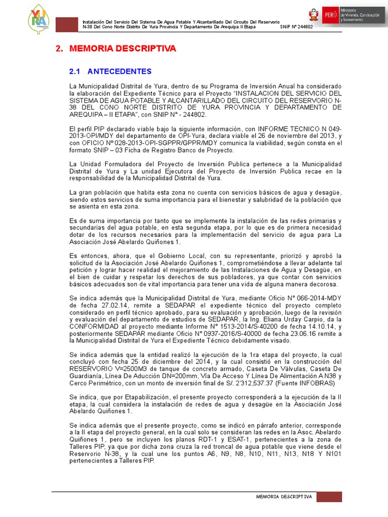 Memoria Descriptiva n38 II Etapa | PDF | Diarrea | Alcantarillado