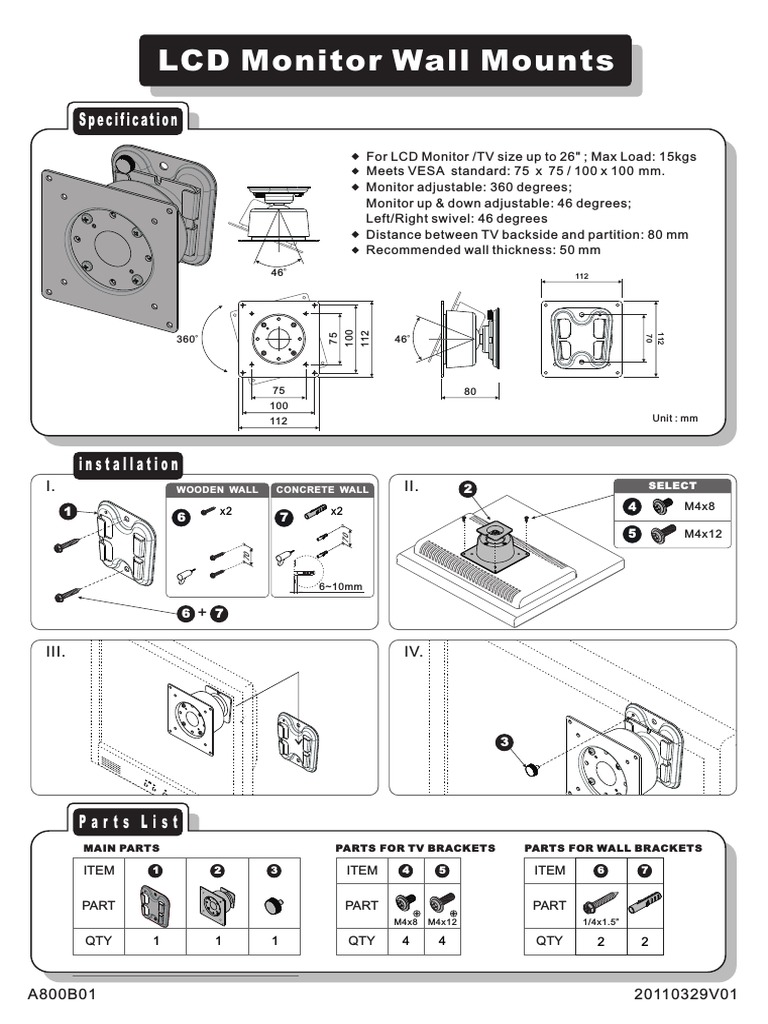 LCD Monitor Wall Mounts: Specification | PDF | Computer Monitor ...